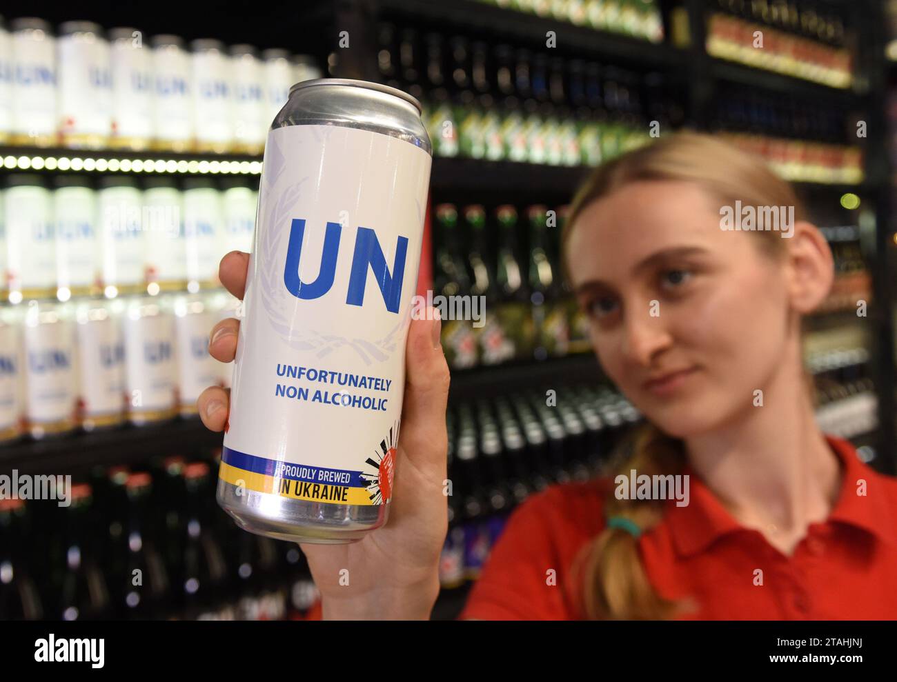 Lviv, Ukraine - July 1, 2022: An employee of "Pravda" beer restaurant ...