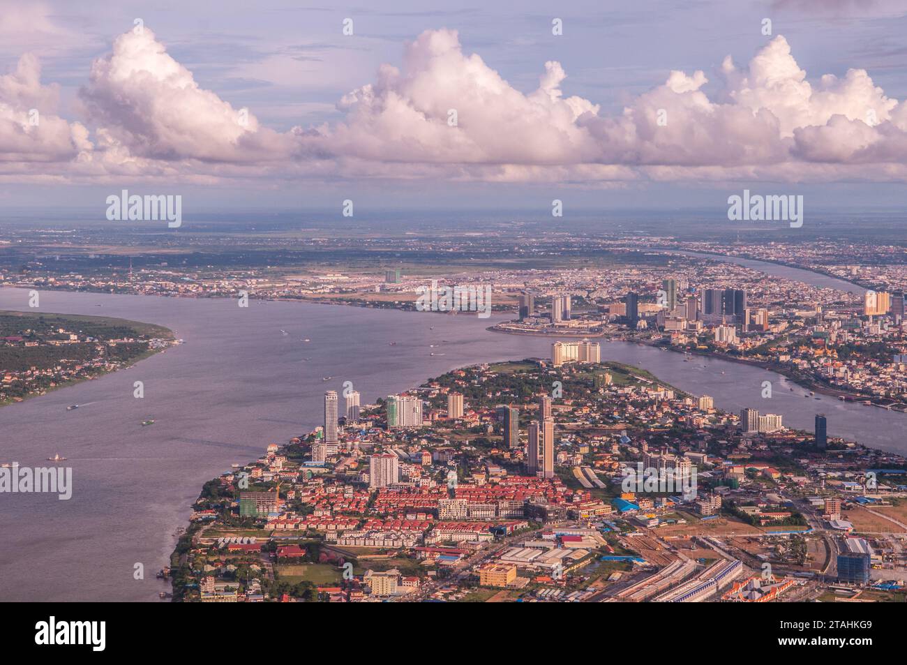 aerial view of the confluence of The Mekong River, The Tonle Bassac ...