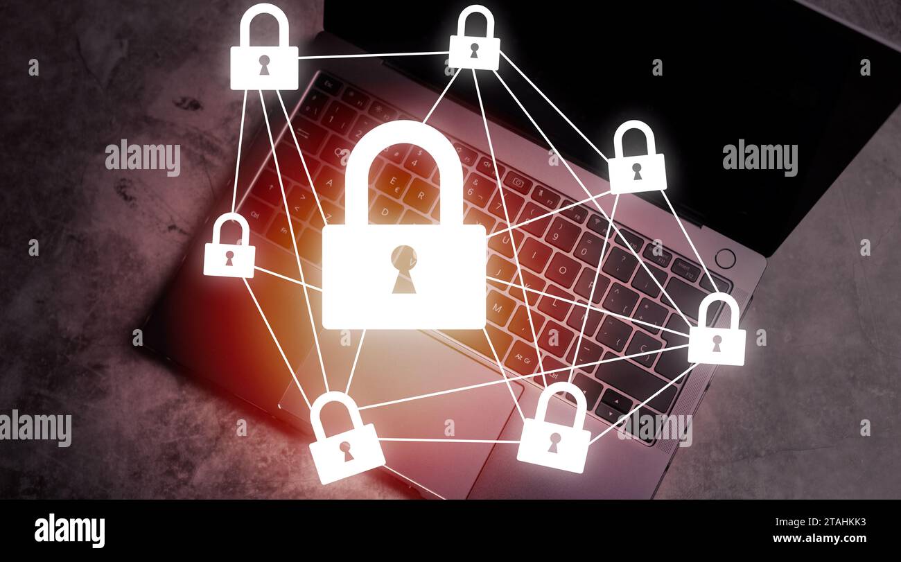 Moody desktop view photo with laptop and warm light as background with ...