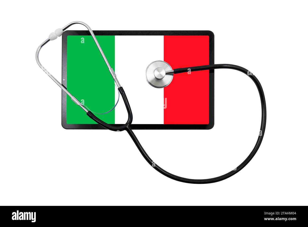 Tablet PC with Italy flag on screen and medical stethoscope on white ...