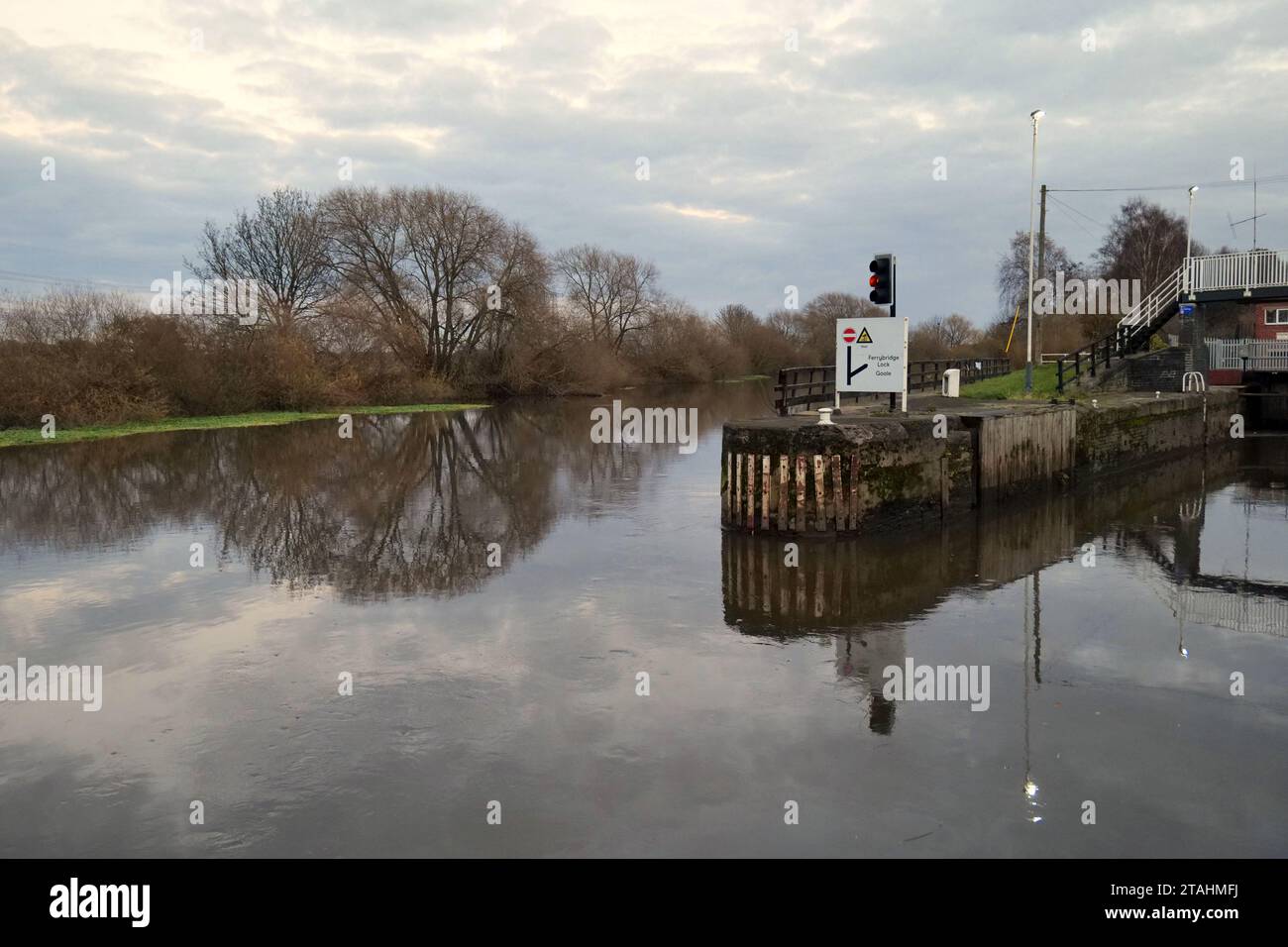 Ferrybridge, UK 11 28 2023 : View of the canal entrance at dusk on the ...