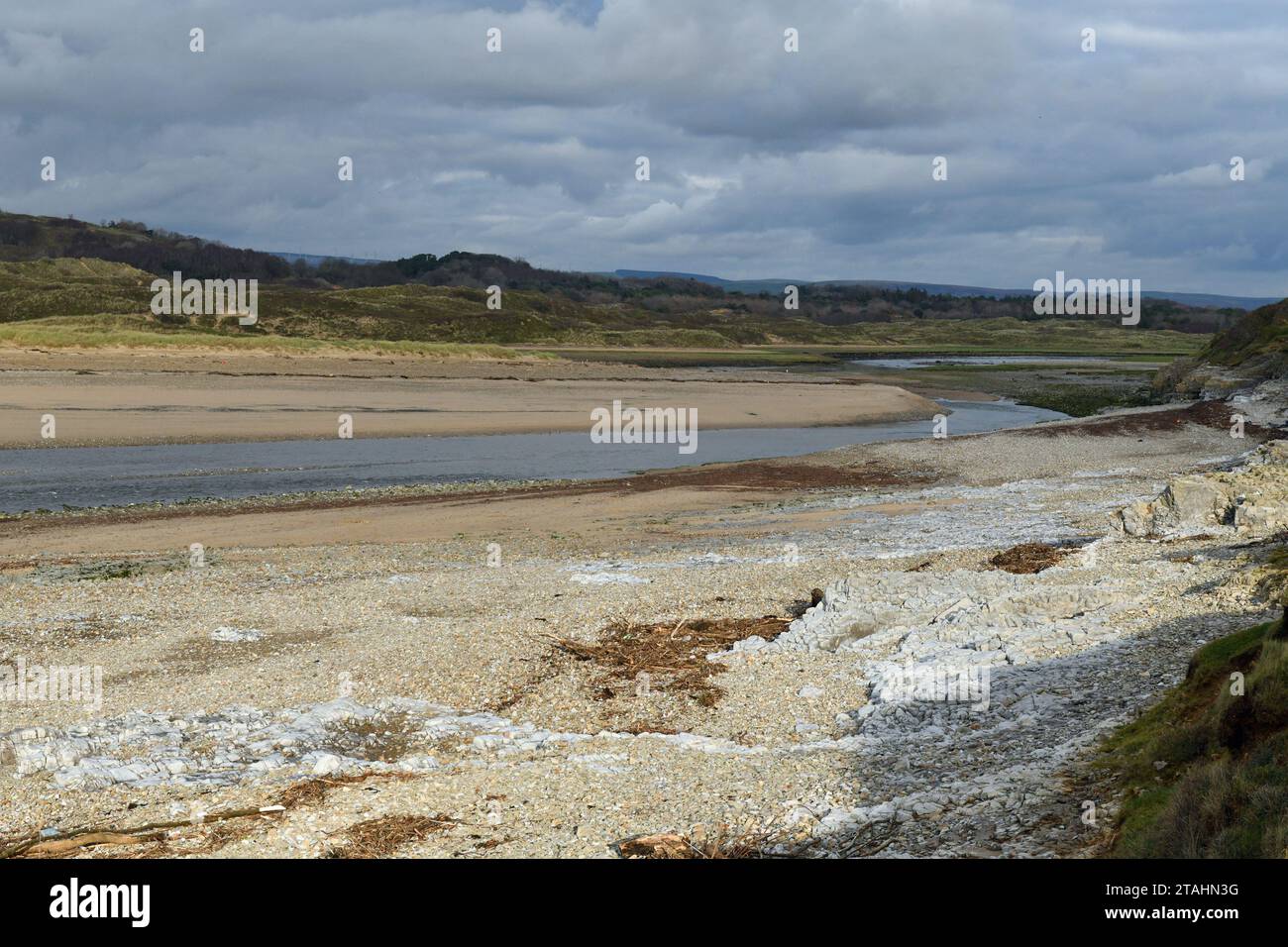 The view up and of the Ogmore River as it makes its way to the Bristol ...