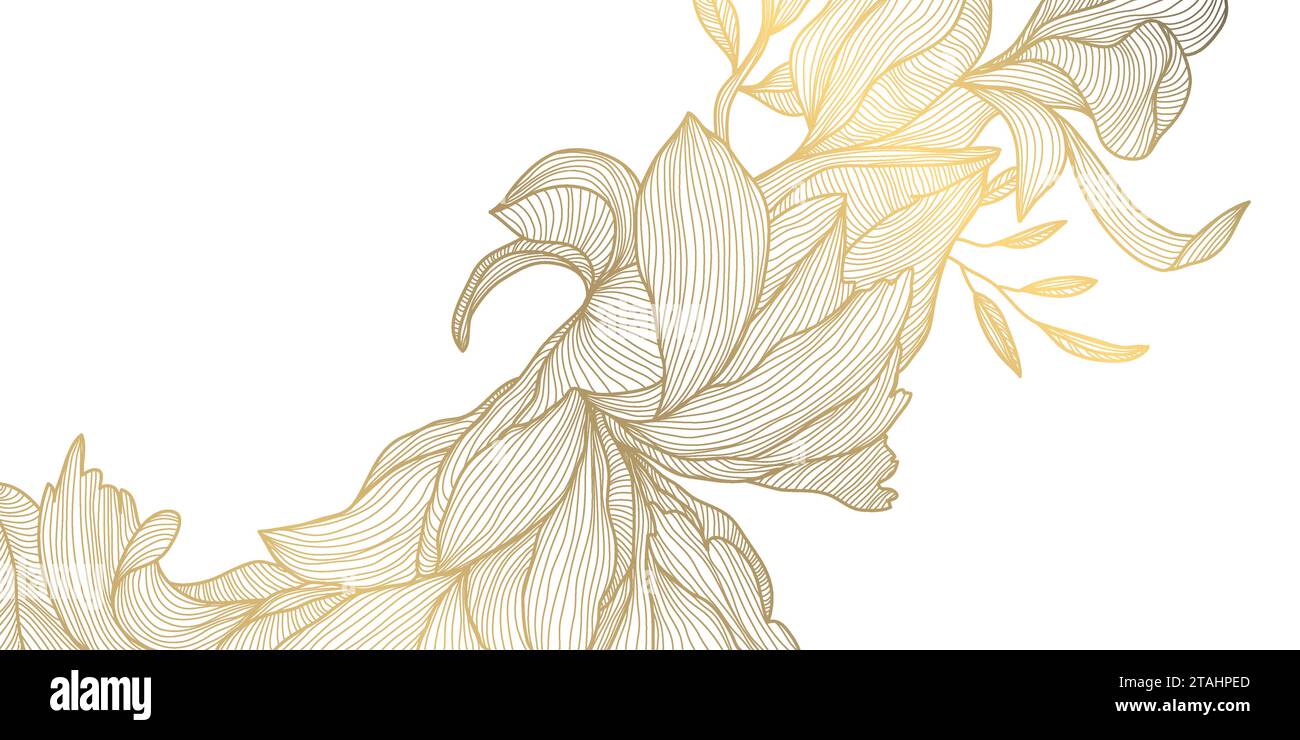 Vector art deco flower pattern background, gold line art, nature floral ...