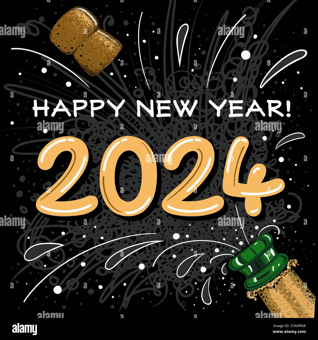 Happy new year illustration with champagne bottle and popping cork ...