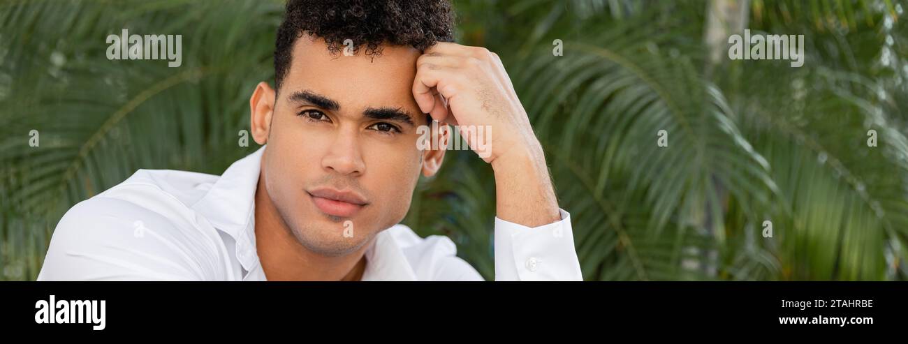 Portrait of relaxed cuban man in white shirt holding hand near head in ...