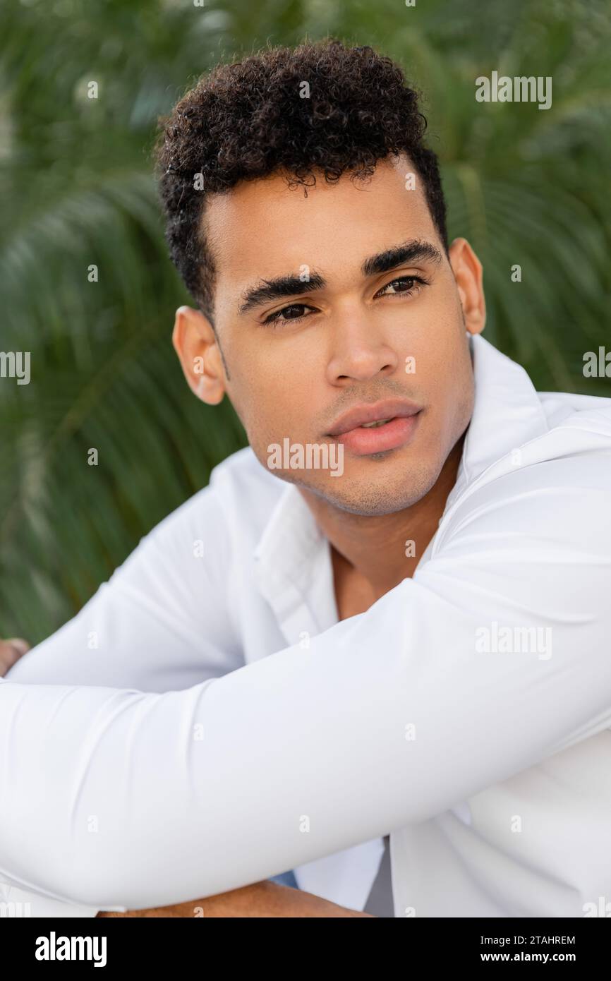 Portrait of young and handsome curly cuban man in modern white shirt ...