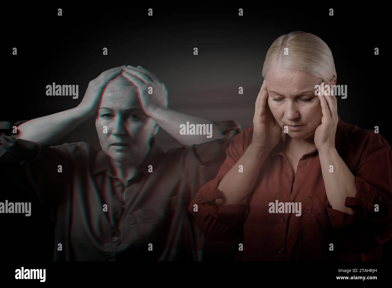 Woman suffering from mental illness on black background, glitch effect ...