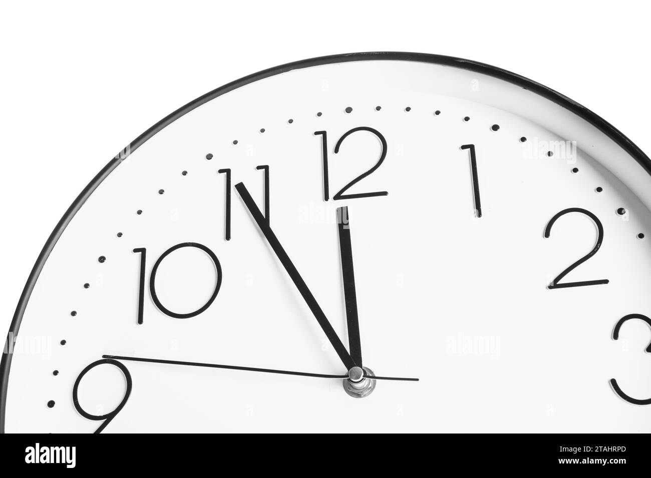 Clock showing five minutes until midnight on white background, closeup ...