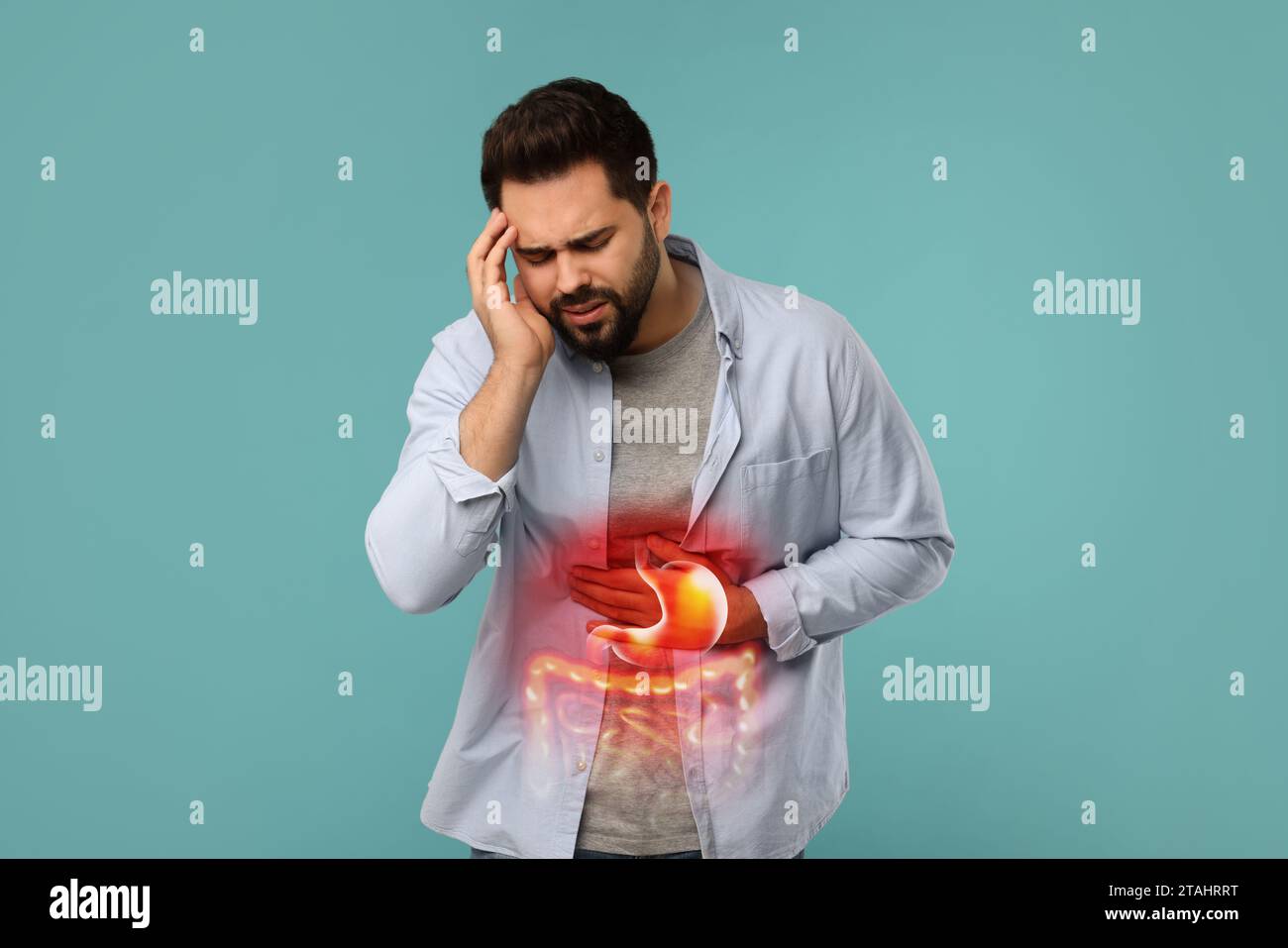 Man suffering from stomach ache on light blue background. Illustration ...