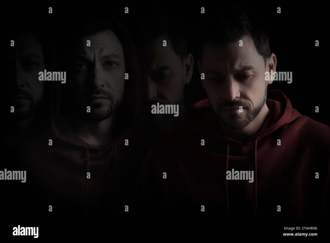 Man suffering from mental illness on black background. Dissociative ...