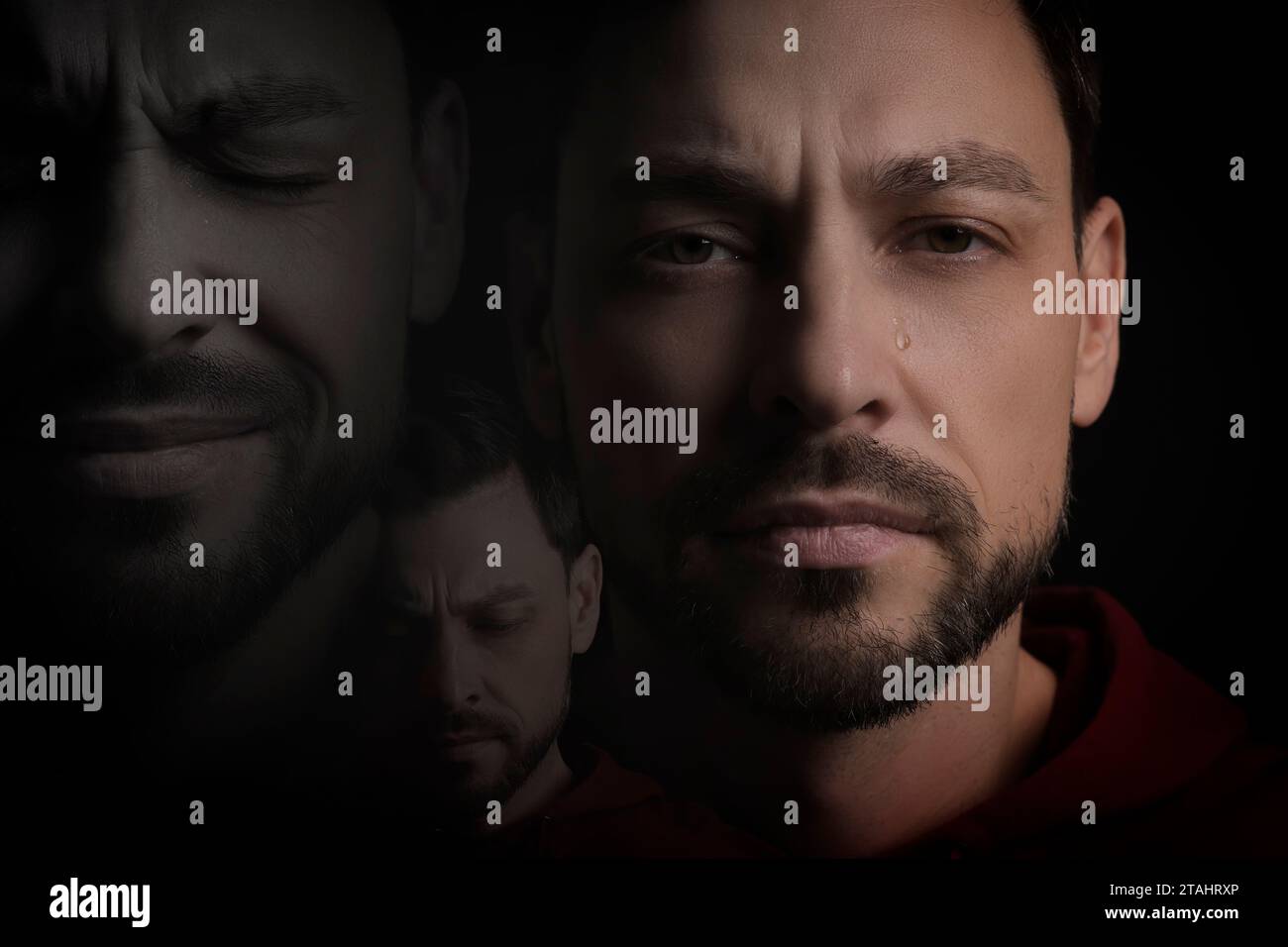 Man suffering from mental illness on black background. Dissociative ...