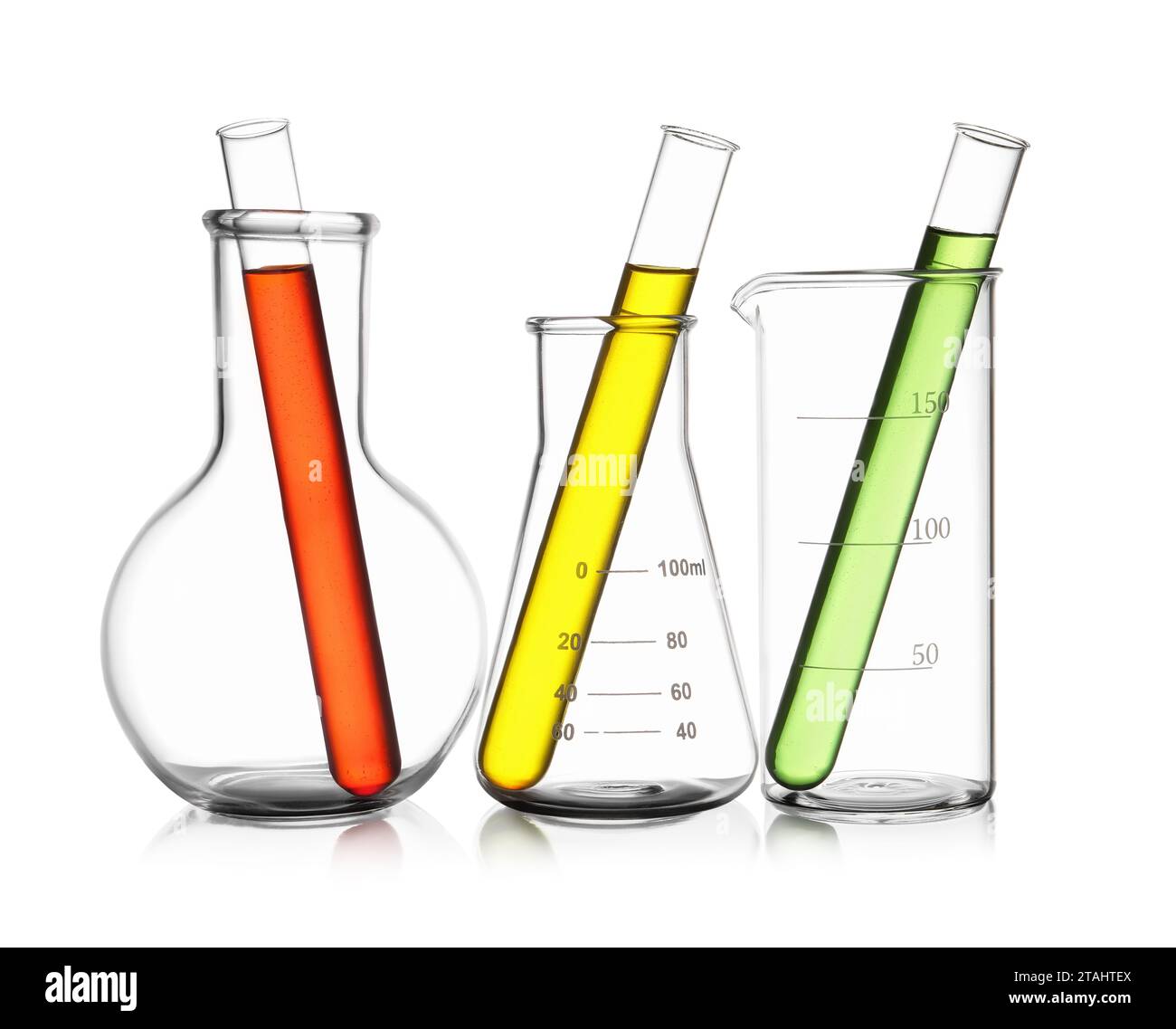 Glass flasks, beaker and test tubes with colorful liquids isolated on ...