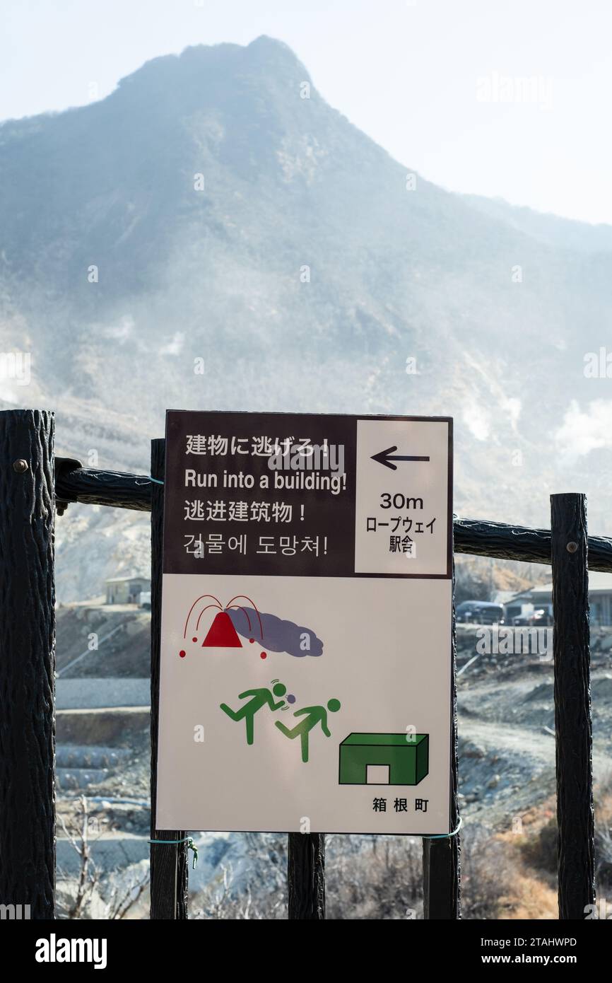 Disaster advice sign advising what to do in case of eruption in ...