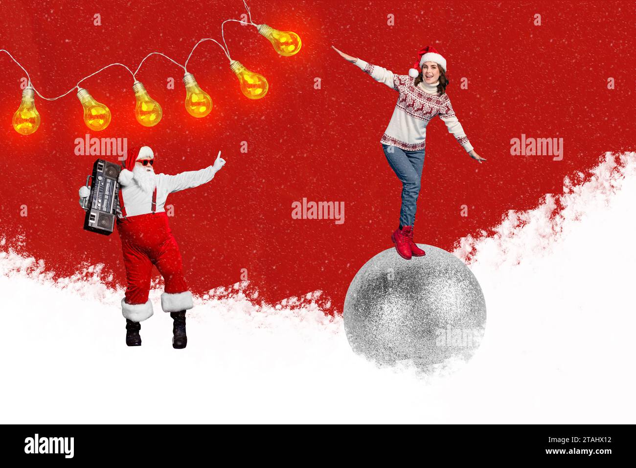 Creative graphics collage painting of funny funky santa helper dancing ...