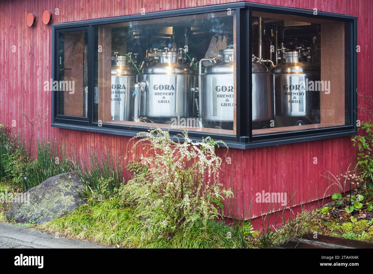 Tanks visible through the windows at the Gora Brewery & Grill, craft ...