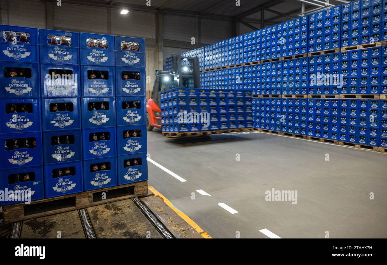 Oettingen, Germany. 01st Dec, 2023. Beverage crates are stored at the ...