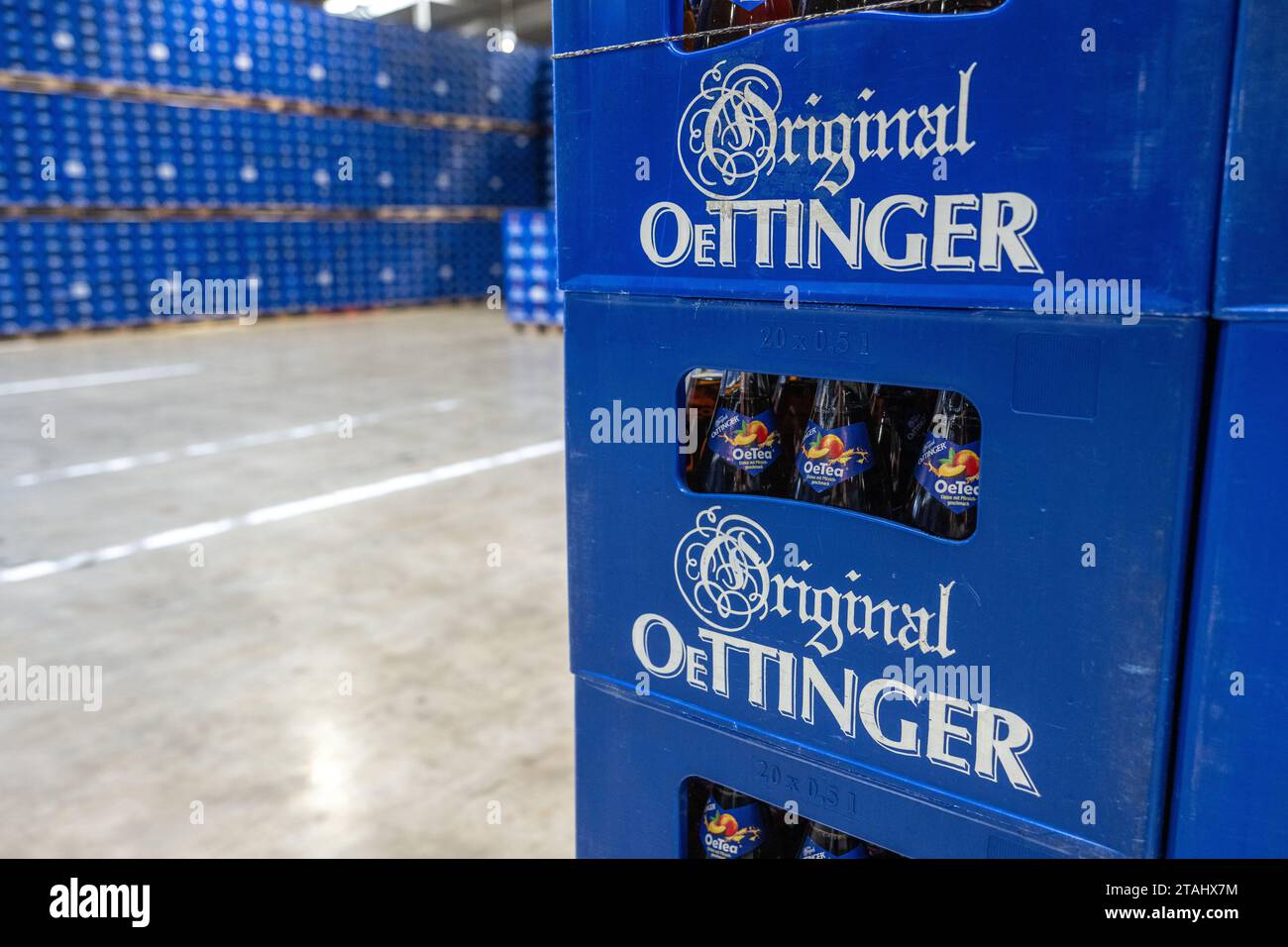 Oettingen, Germany. 01st Dec, 2023. There are crates of a tea drink in ...