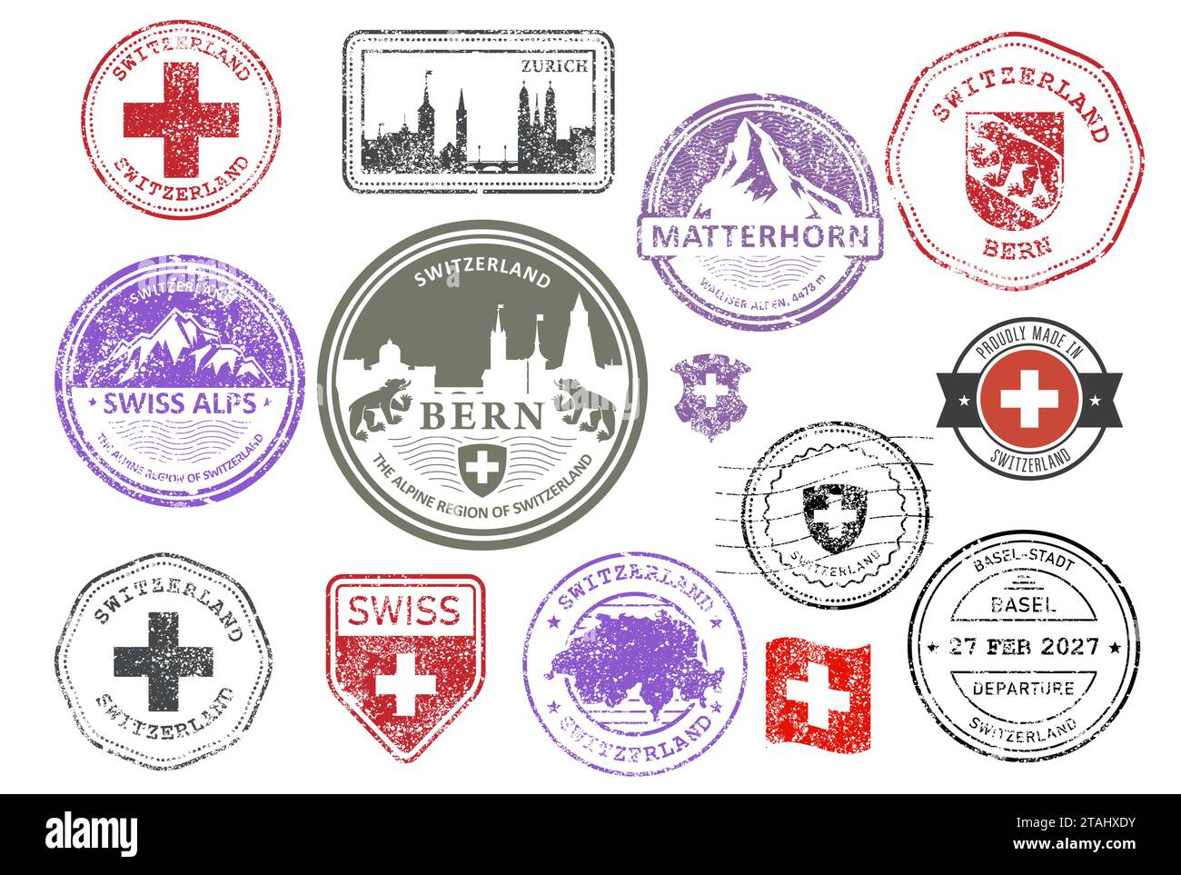 Switzerland shabby rubber stamp set, swiss cities and Alps badges ...
