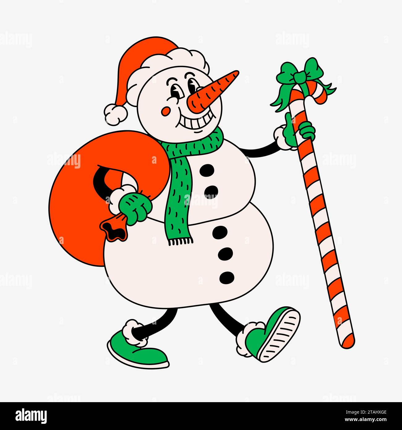 Retro style Funny cartoon snowman in Santa hat. Groovy vintage 70s ...