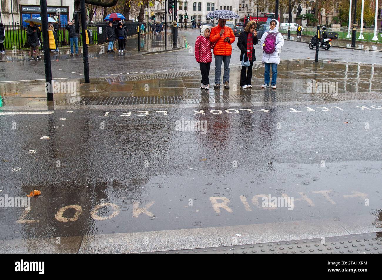 London, UK. 27th November, 2023. Heavy rain fell in Westminster, London ...
