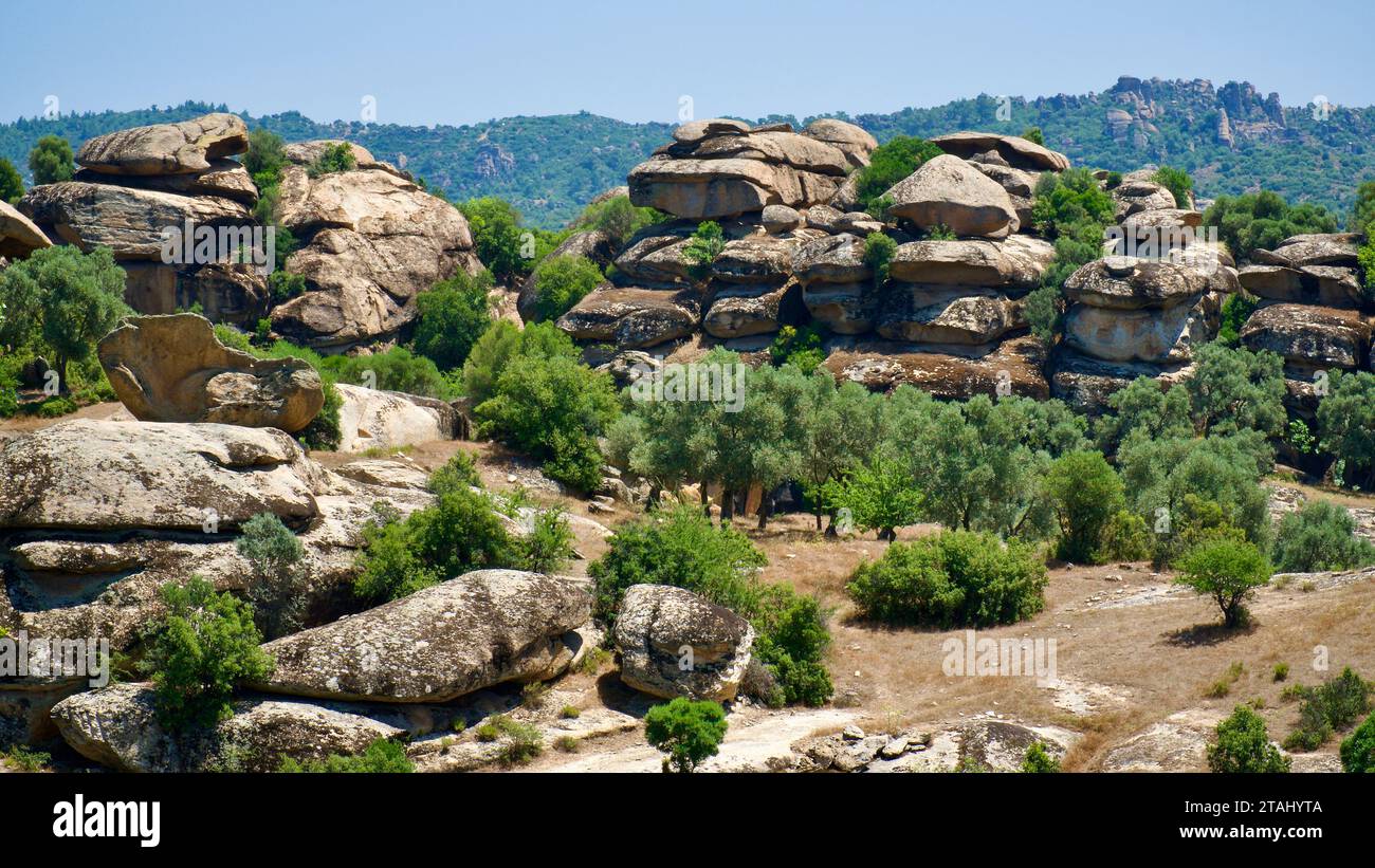 Lime rock formations on the Aegean coast in western Turkey. Volcanic ...