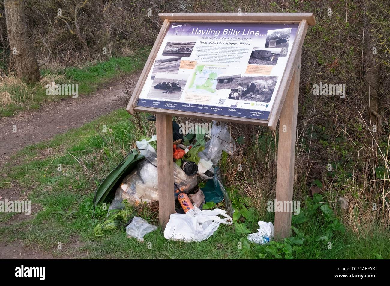 Rubbish dumped around a tourist information board on the Hayling Billy ...