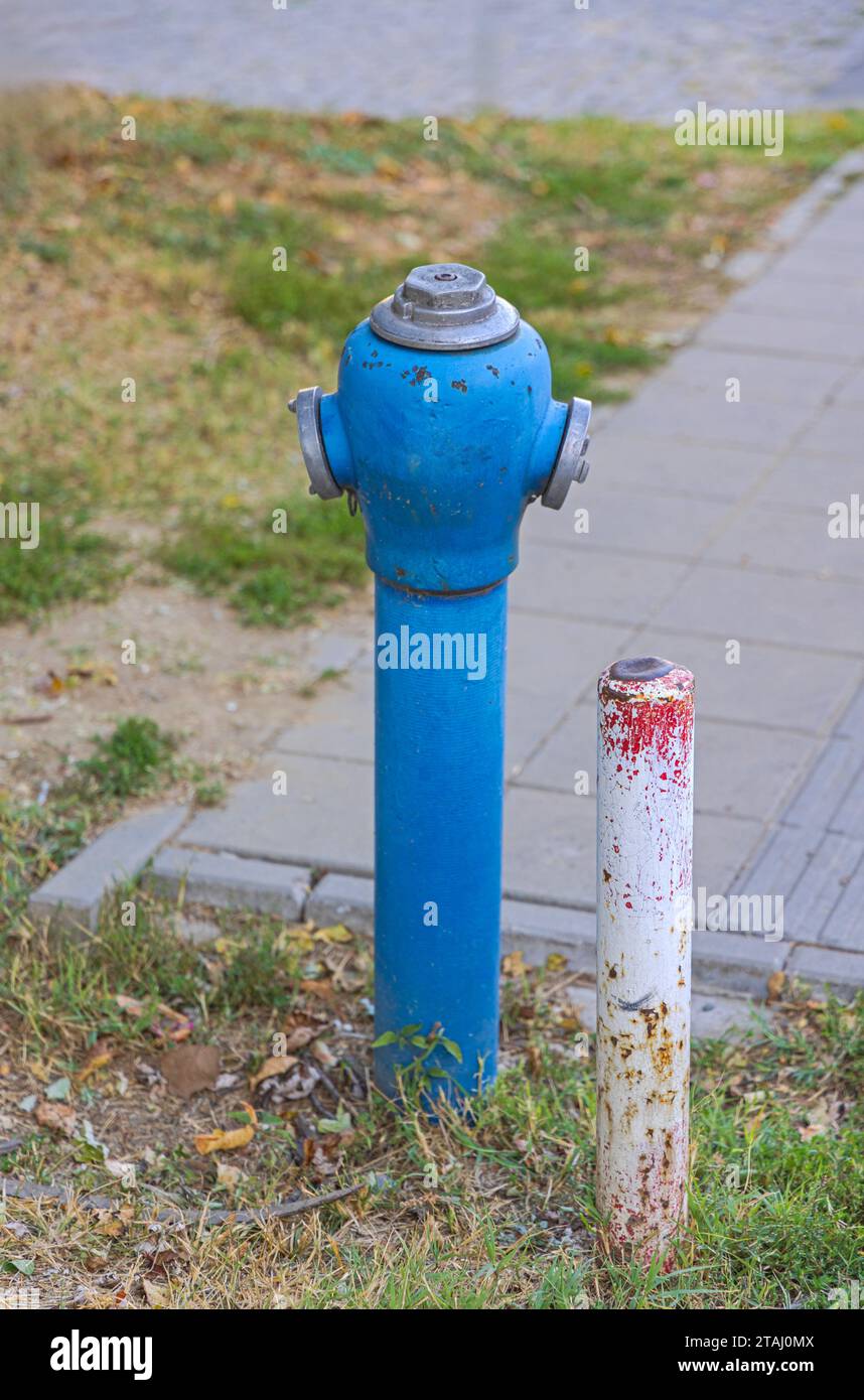 Blue Pipe High Pressure Water Fire Hydrant in City Park Stock Photo - Alamy