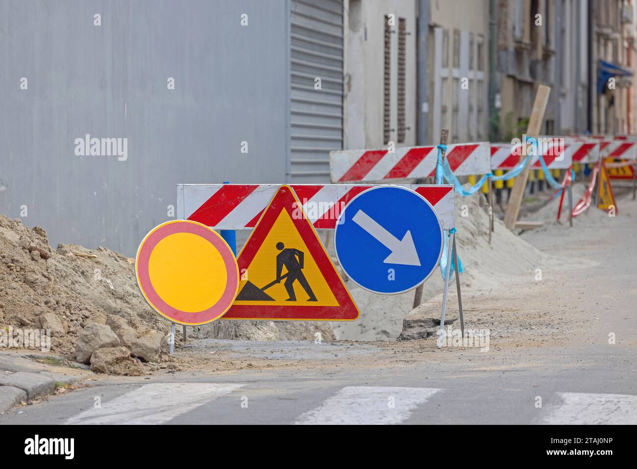 Street Works Direction Arrow Closure Road Signs Warning Barrier in City ...