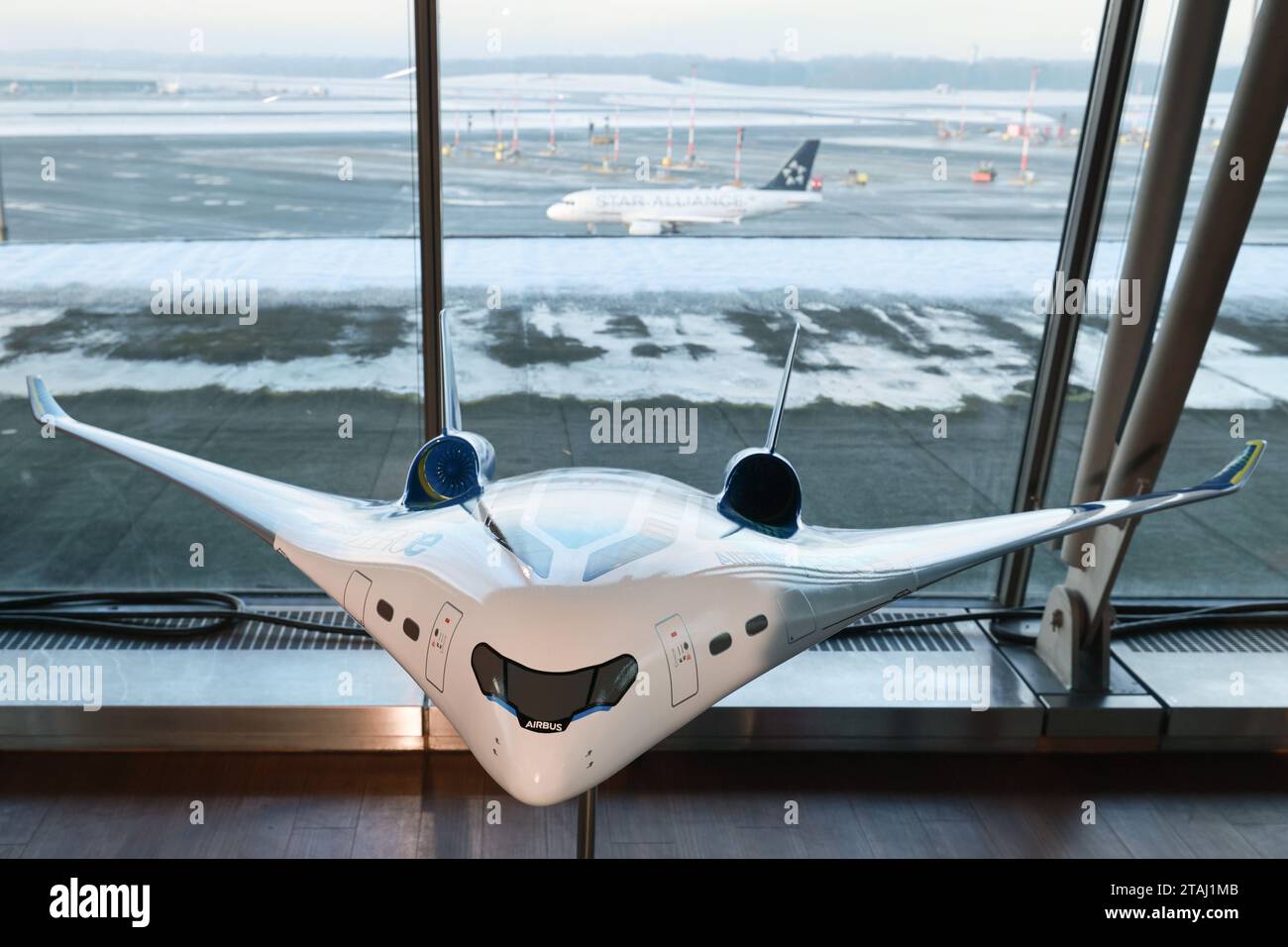 Hamburg, Germany. 30th Nov, 2023. A concept model of a zero-e airbus is ...