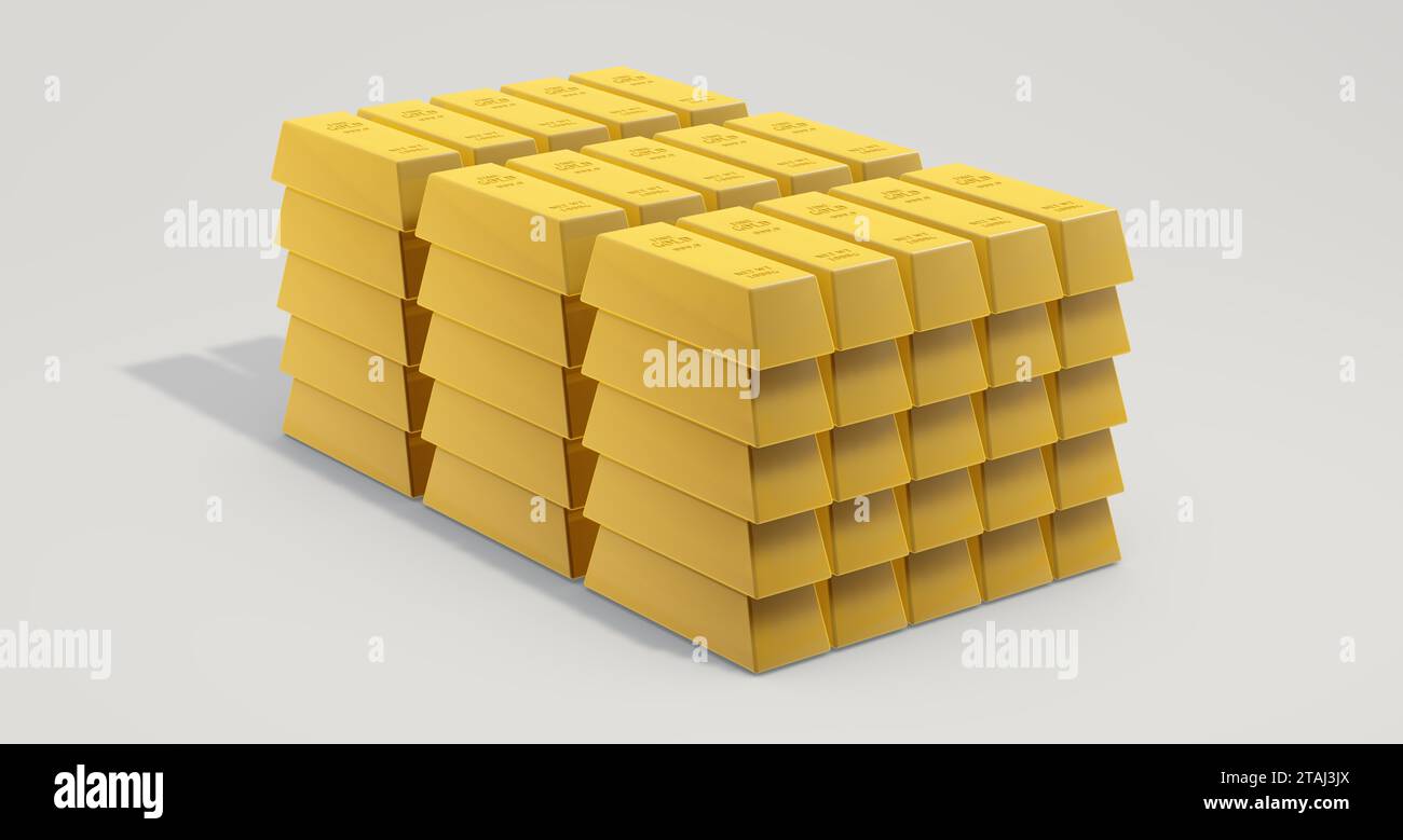 Gold Bars Stacked in a Column Against a Soft Gray Studio Background. Perspective view. Minimal ...