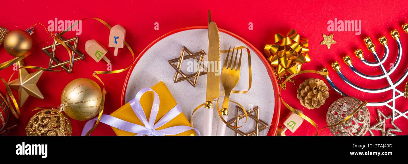 Jewish holiday Hannukah table setting greeting card background, festive ...