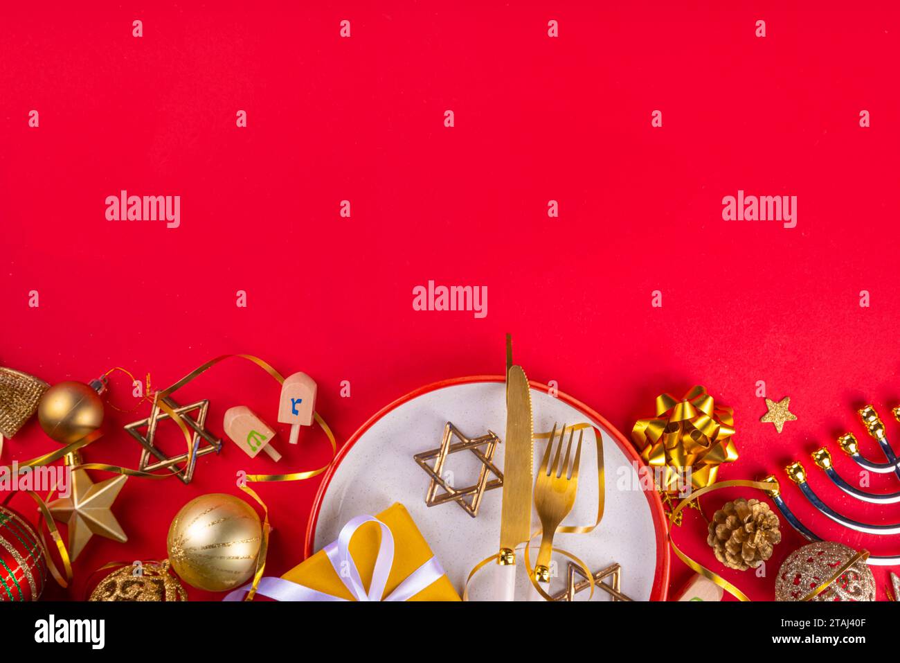 Jewish holiday Hannukah table setting greeting card background, festive ...