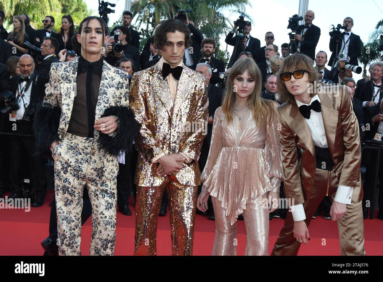 CANNES, FRANCE - MAY 25:Ethan Torchio, Thomas Raggi, Damiano David, Victoria De Angelis attend ...