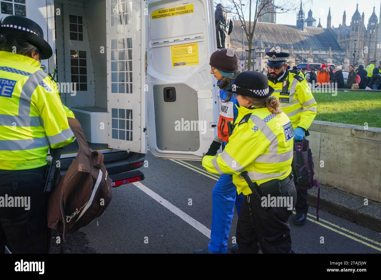 London UK. 1 December 2023. Police detain medical staffs join Just Stop ...