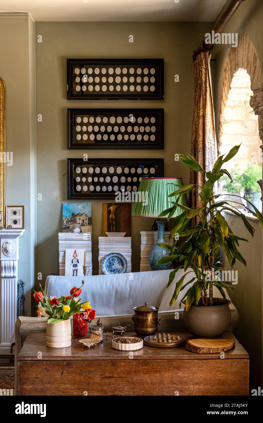 Collection of intaglios of Roman emperors and sari fabric lampshade in ...