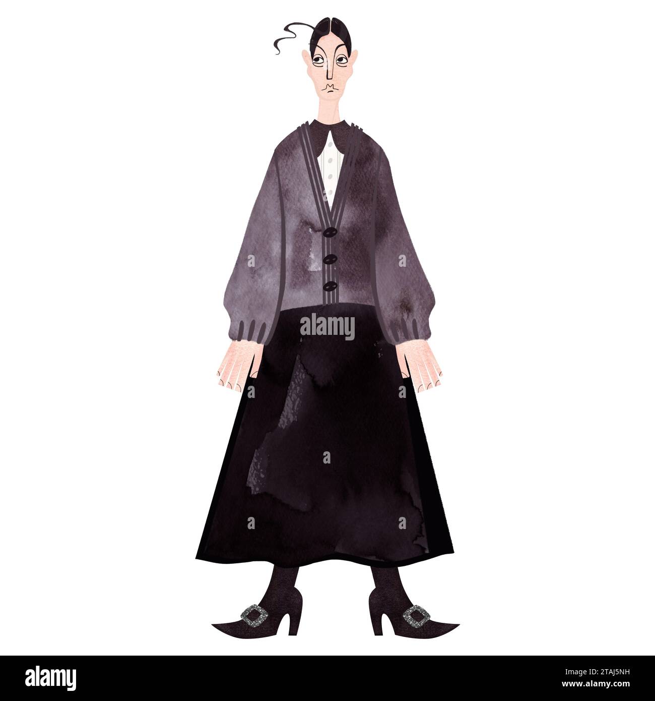 A thin, stern and angry Victorian woman of middle age with black hair ...