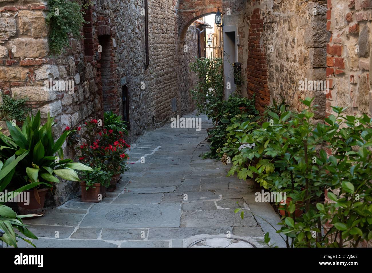 Looking down a stone path alleyway toward an archway and aging stone ...