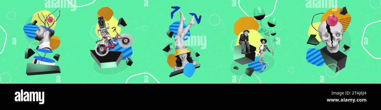 Collage artwork minimal picture of freak bizarre people having friday ...