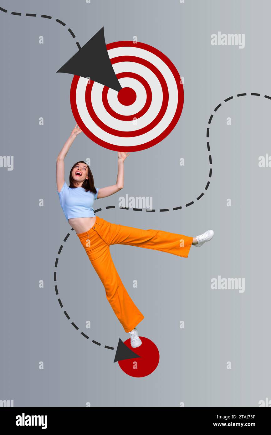 Collage artwork graphics picture of excited lady playing darts catching ...