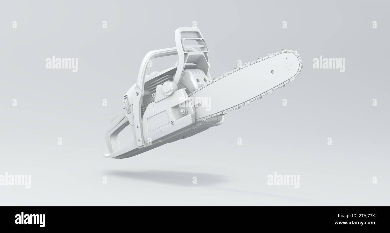 White Chainsaw on a Soft Gray Studio Background. Monochrome ...