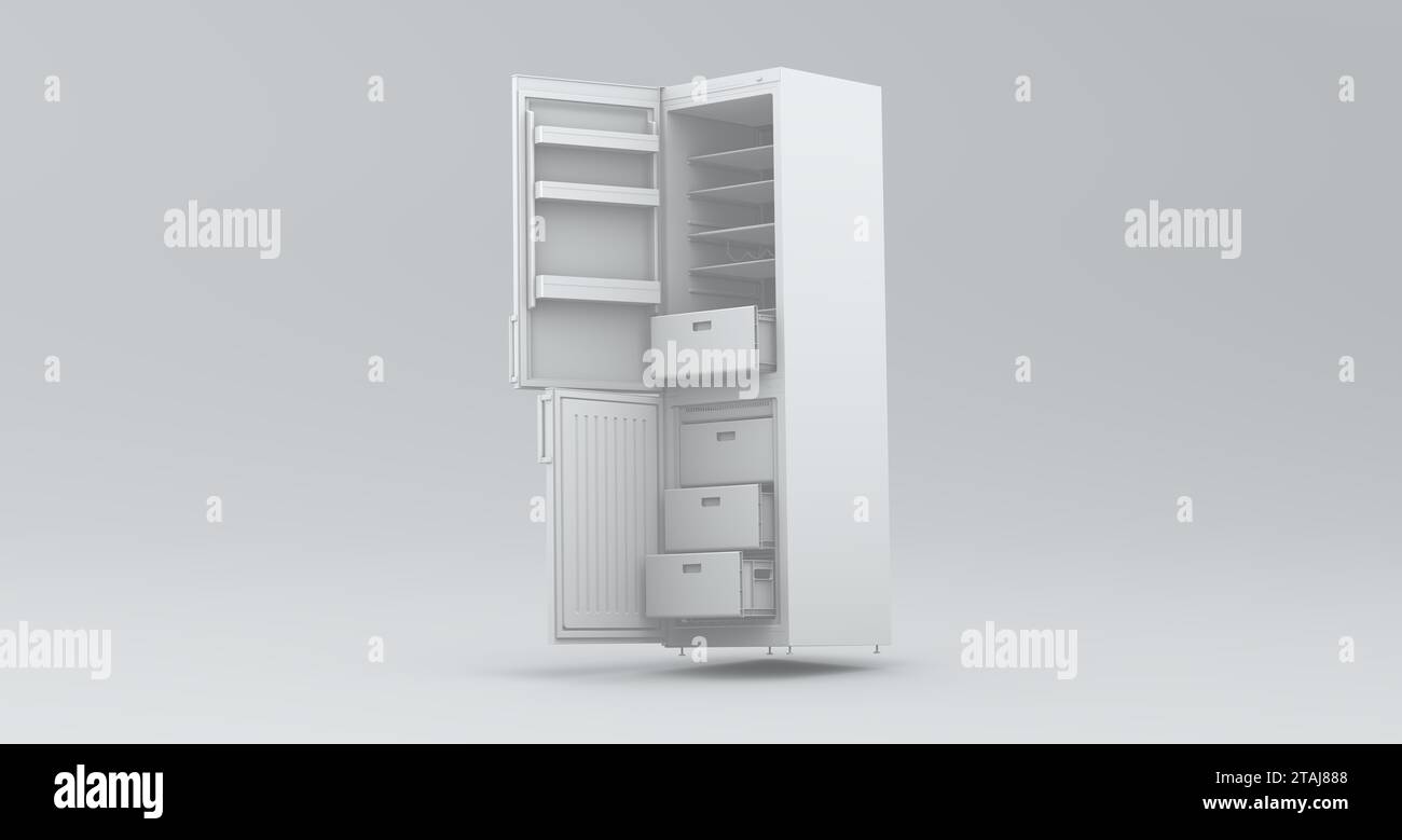White Empty Refrigerator With Two Open Door on a Soft Gray Studio ...