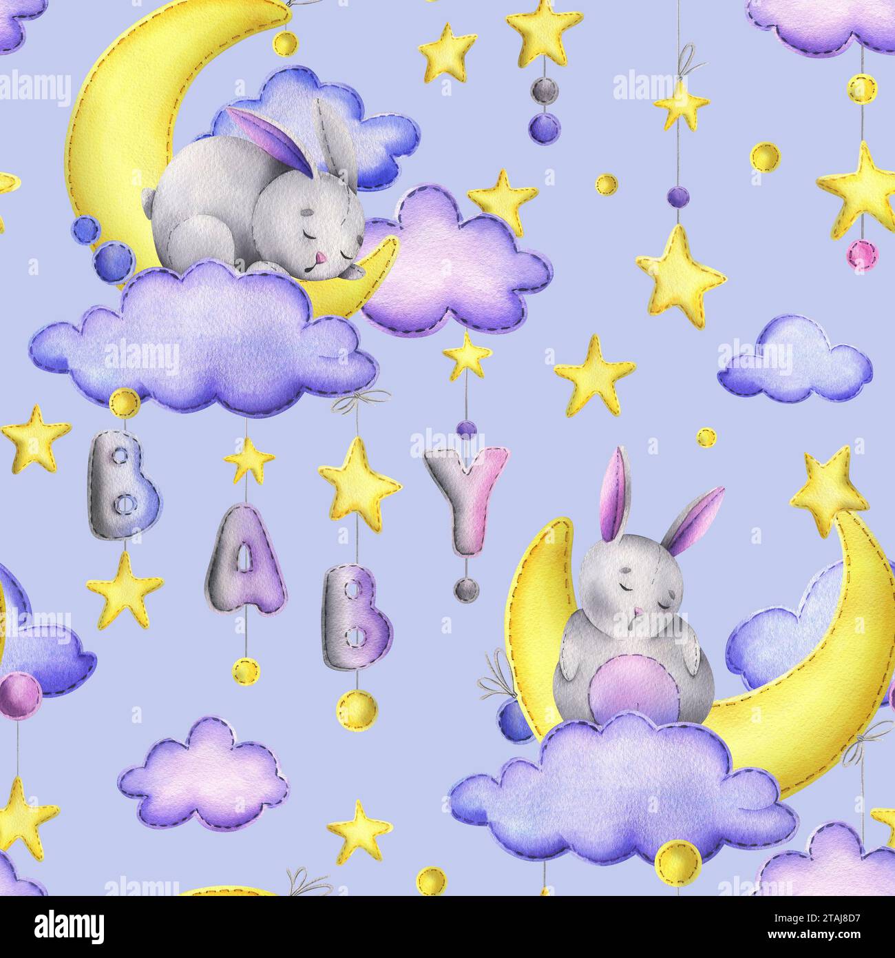 A cute gray stitched bunny lies and sleeps on a yellow moon with clouds ...