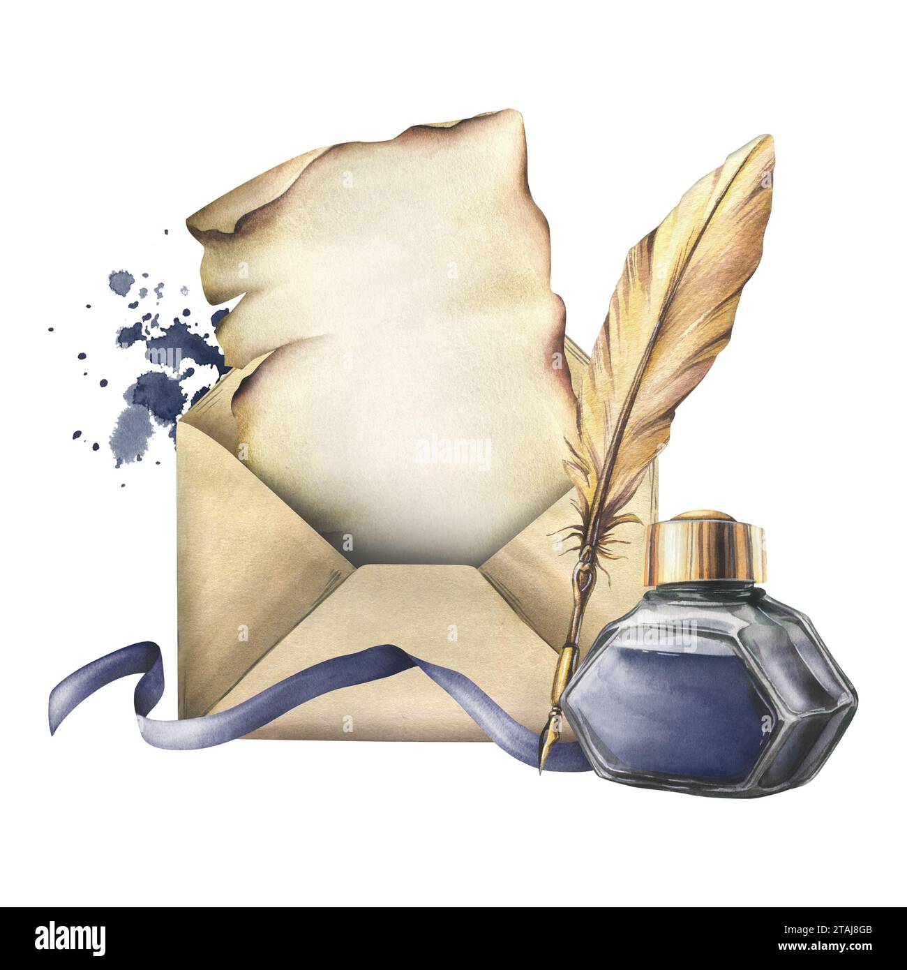 Writing supplies: papyrus paper, craft envelope, gold feather, ink in a ...