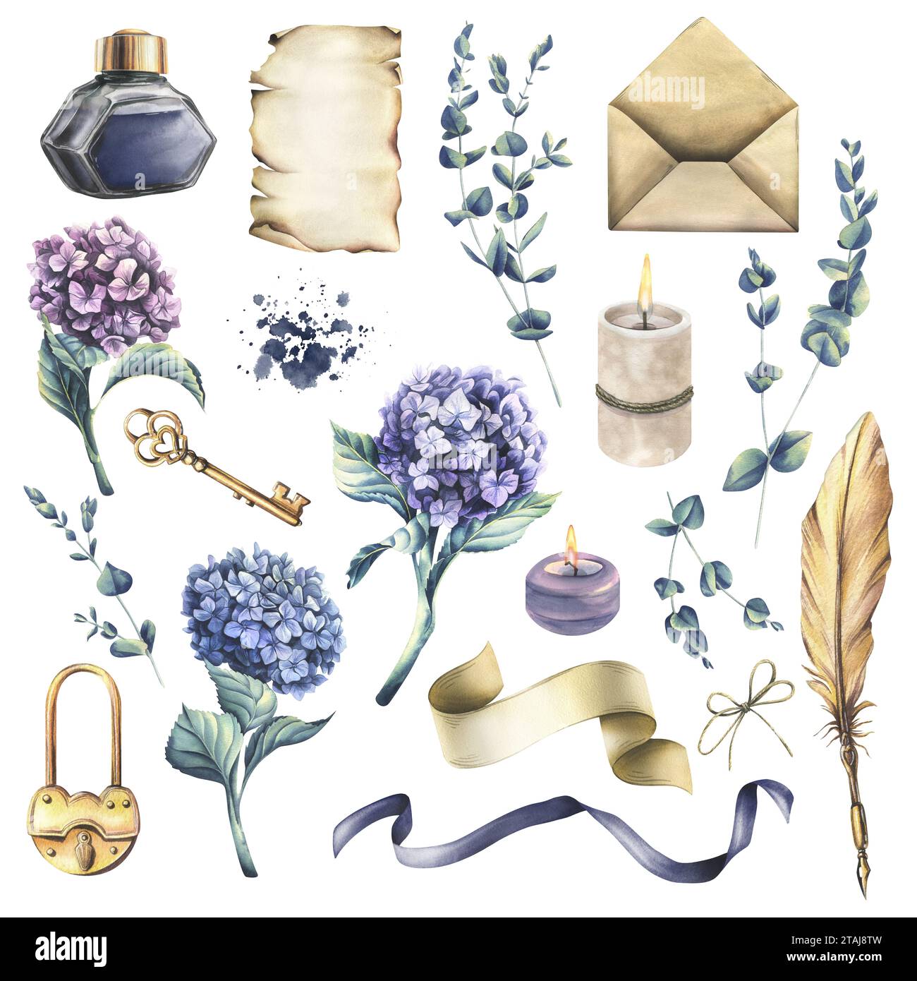 Writing supplies papyrus paper, craft envelope, feather, ink in a glass ...