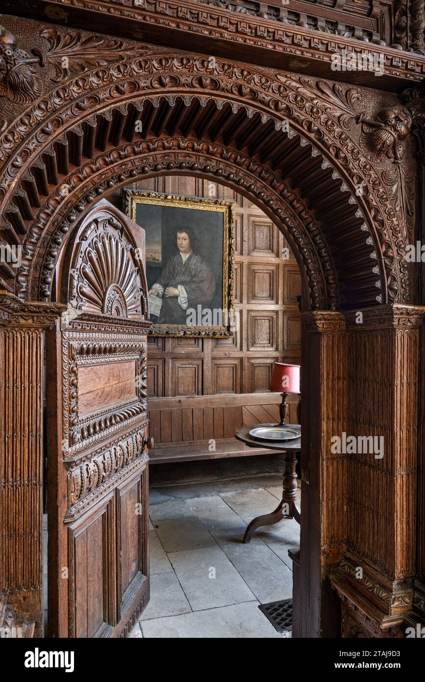 Carved decorative doorframe dating from c1580 at Wolfeton House, Dorset ...