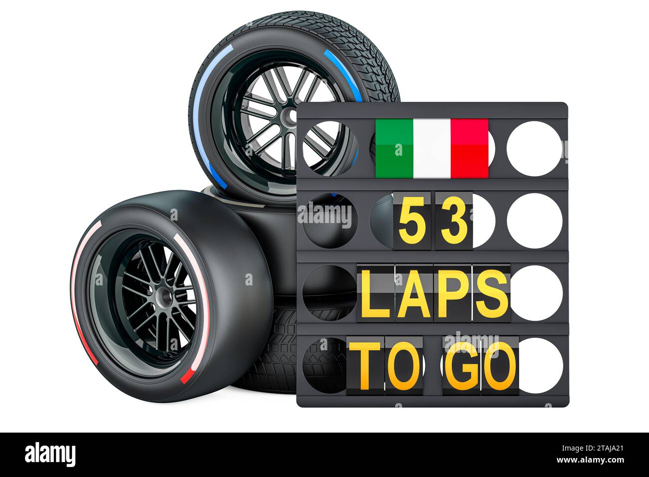 Italian racing, pit board with flag of Italy and racing wheels with ...