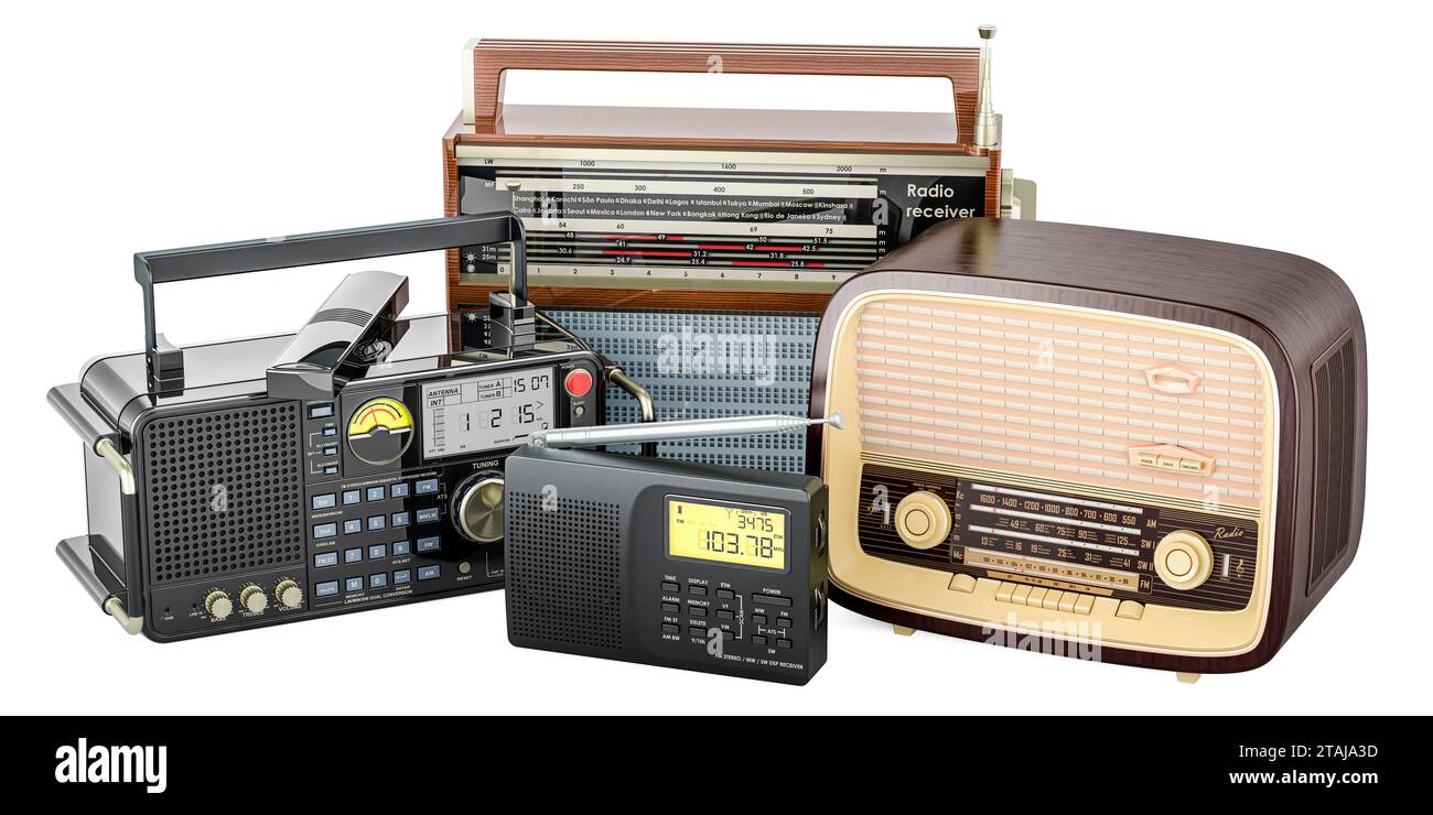 Vintage radio and modern digital radio receiver. Evolution of radio, concept. 3D rendering ...