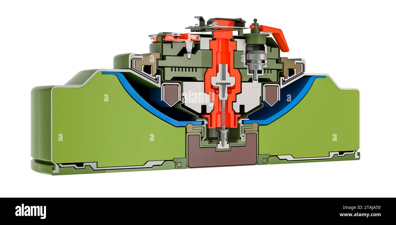 Cross-section of anti-tank blast mine, 3D rendering isolated on white ...