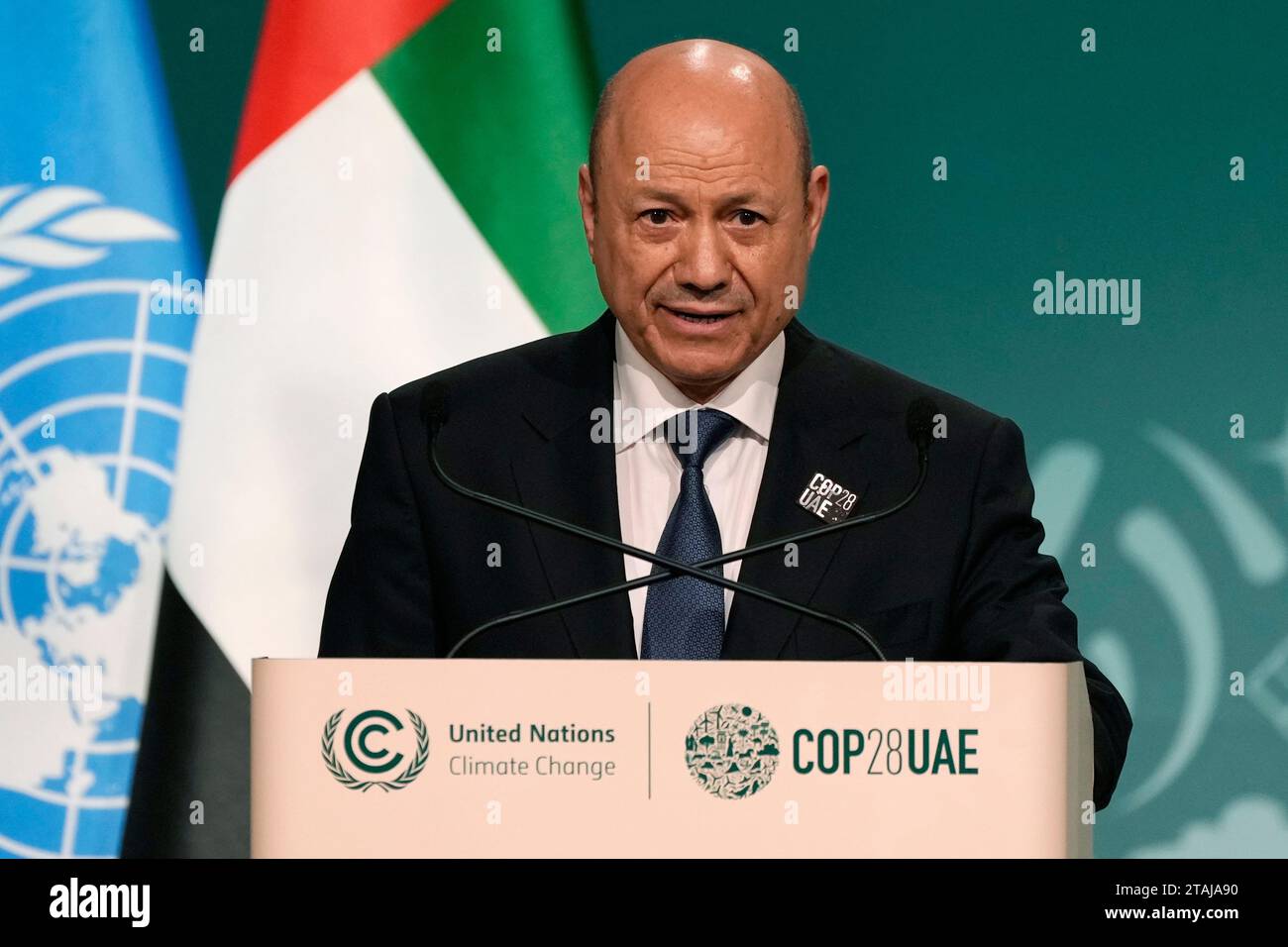 Yemen President Rashad al-Alimi speaks during a plenary session at the ...