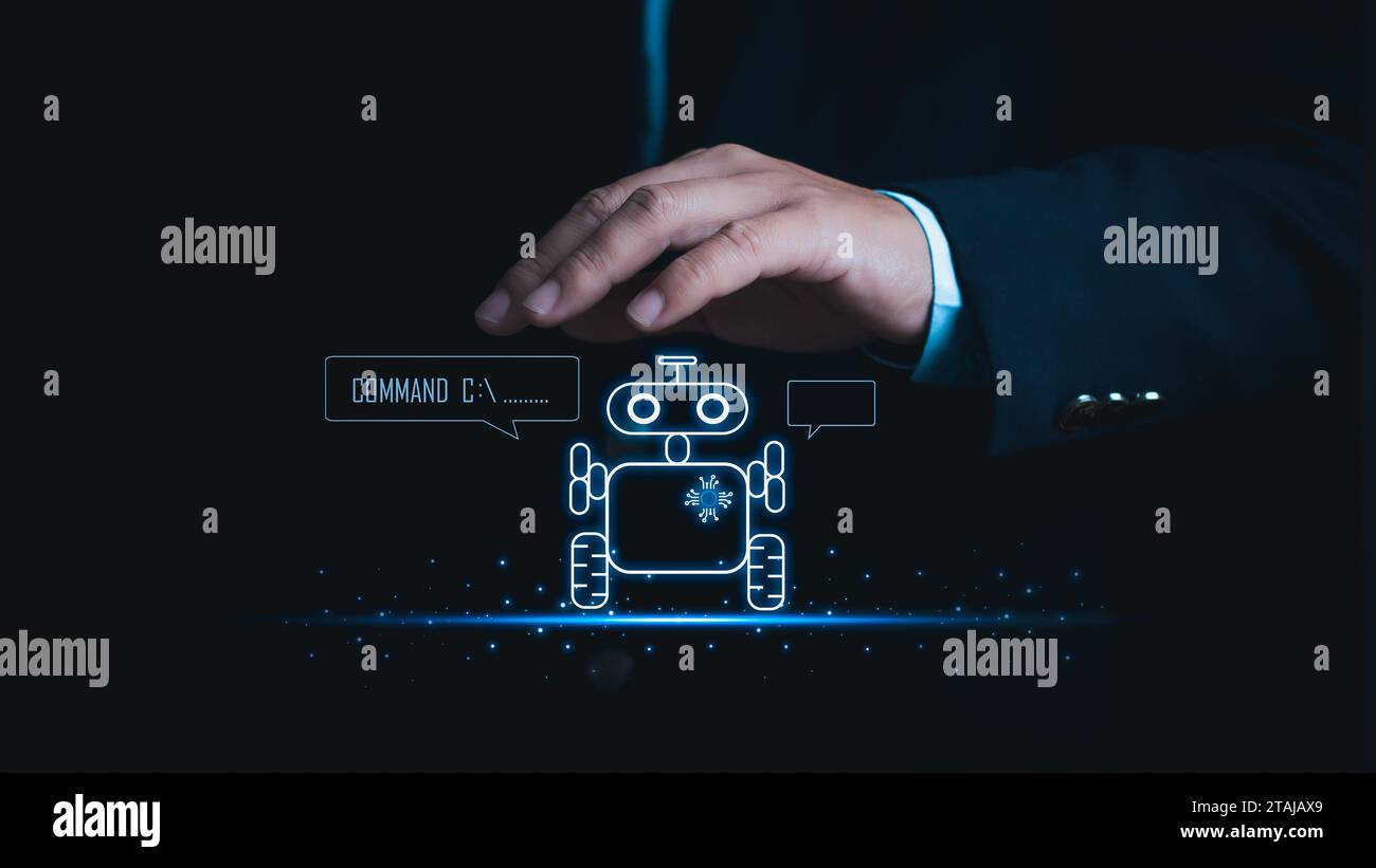 Businessman shows virtual robot It represents typing chat messages ...